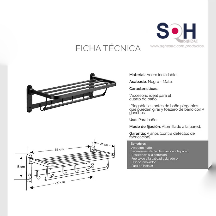 Toallera Repisa Plegable Multi uso Acero Inoxidable Negro Mate – SQHE SAC